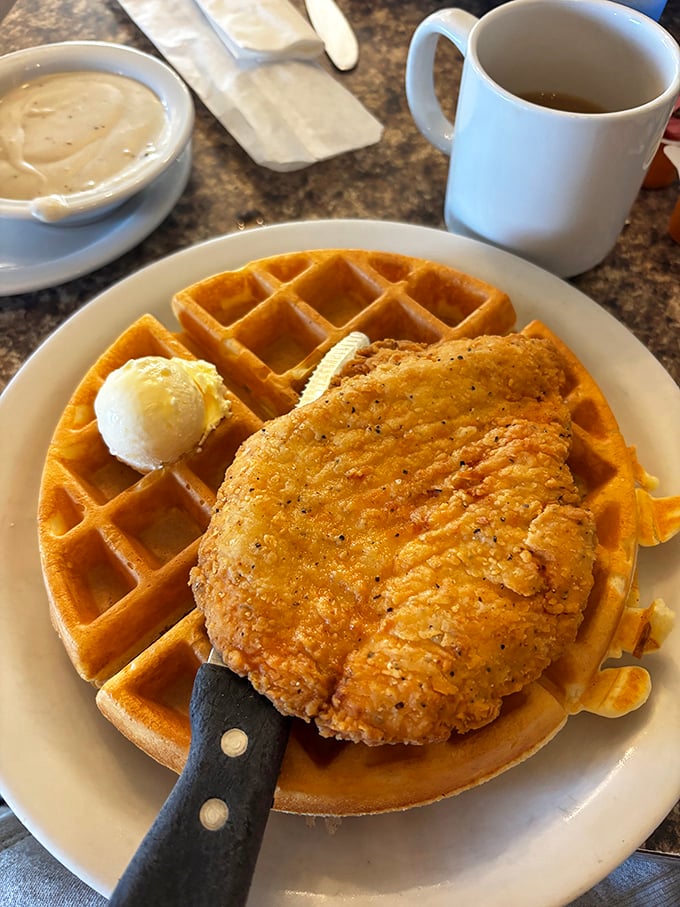 Chicken and waffles: the breakfast equivalent of wearing a tuxedo with sneakers—unexpectedly perfect and wonderfully rebellious.