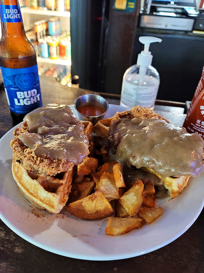 Chicken and waffles that break all the rules. Crispy, savory, sweet, and utterly magnificent—this plate doesn't care about your diet plans.