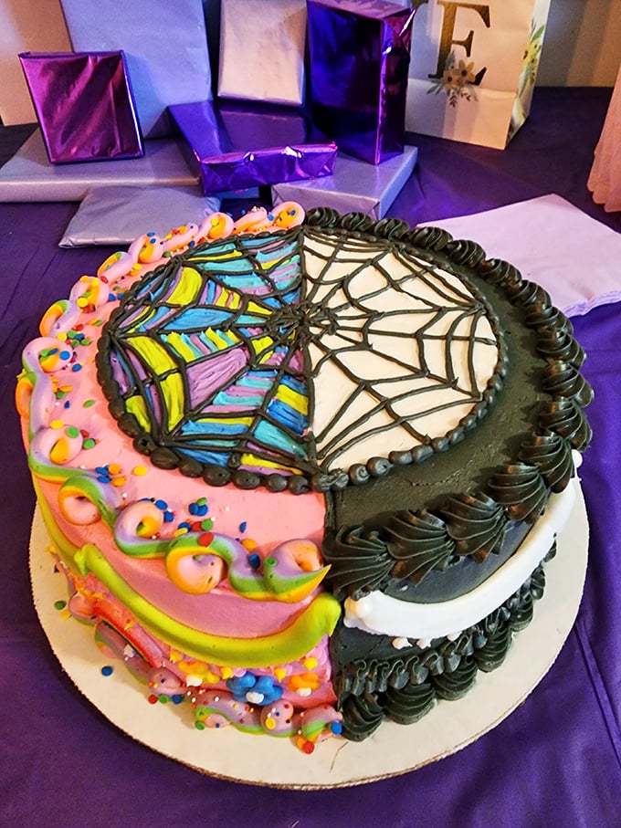 Half colorful celebration, half gothic masterpiece—this cake doesn't just cross boundaries, it demolishes them with sprinkles and spiderwebs.