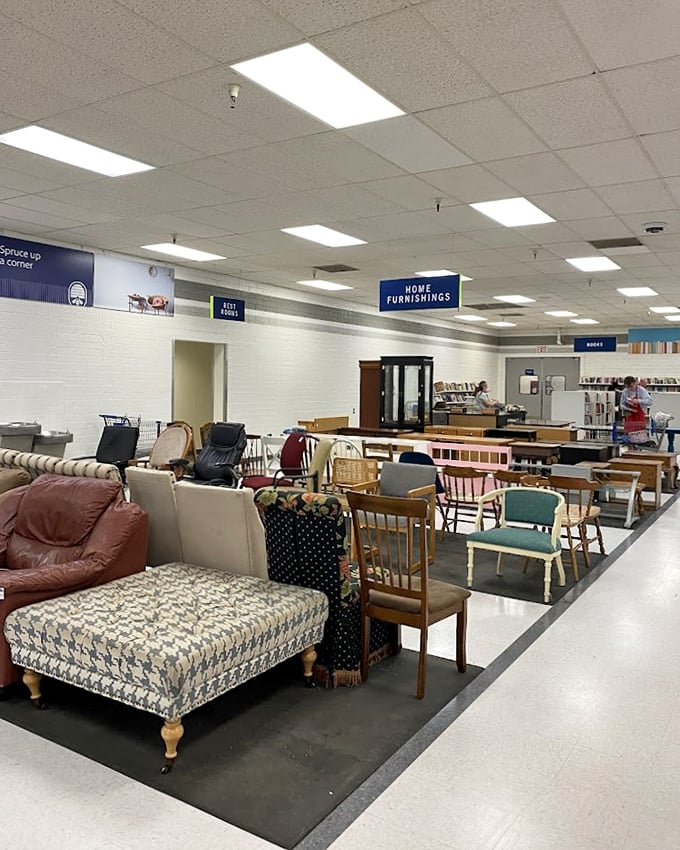 The furniture section showcases an eclectic mix of styles from different eras. That mid-century chair might be sitting next to a farmhouse table—design possibilities abound!