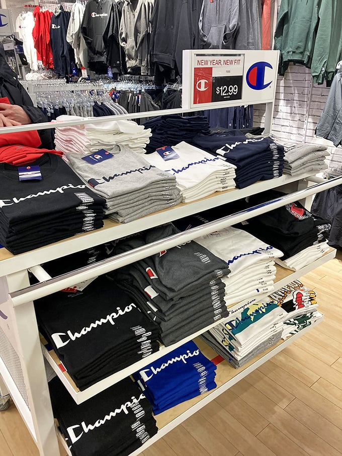 Champion apparel stacked like athletic armor, ready to transform weekend warriors into stylish competitors.
