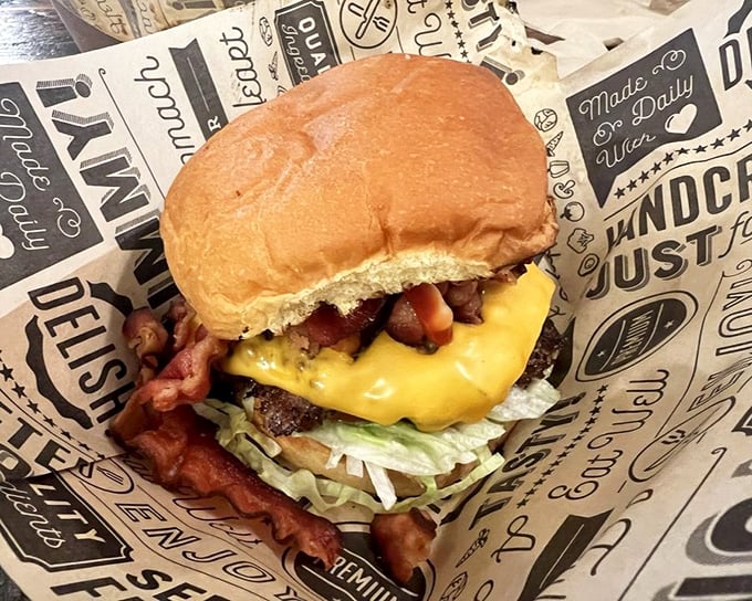 This bacon cheeseburger isn't just food—it's architecture, engineering, and art all stacked between two perfectly toasted bun halves.