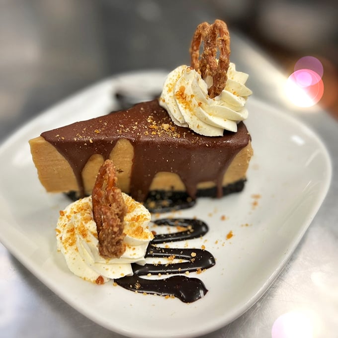 A chocolate dessert so decadent it should require a permission slip. Those pretzel garnishes add the perfect salty counterpoint.