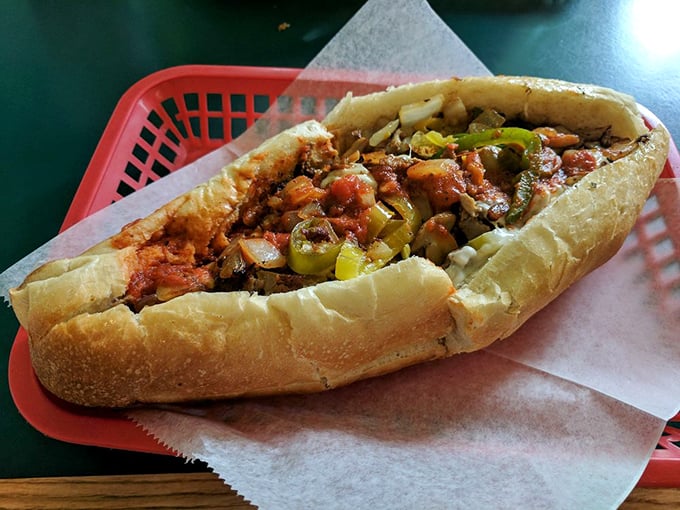 This isn't just a cheesesteak – it's a masterclass in sandwich architecture, where every pepper and onion finds its perfect place in the flavor symphony.