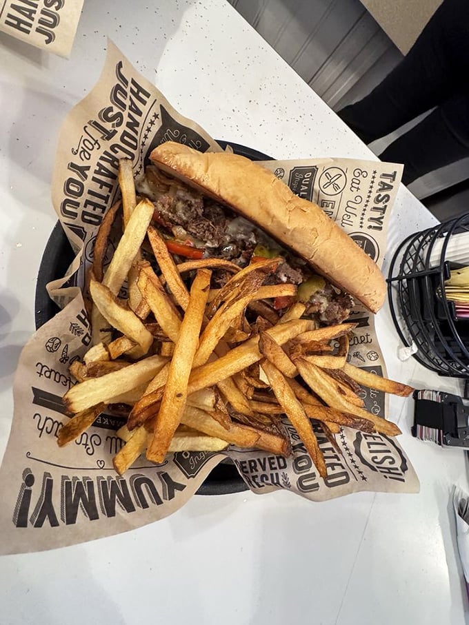 A cheesesteak that would make Philly nervous. Hand-cut fries with that perfect crisp-outside, fluffy-inside magic that frozen could never achieve.