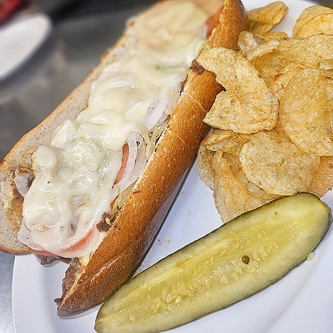Melted cheese cascades over thinly sliced beef on a proper roll—Pottsville's contribution to sandwich perfection served with chips and a pickle. 