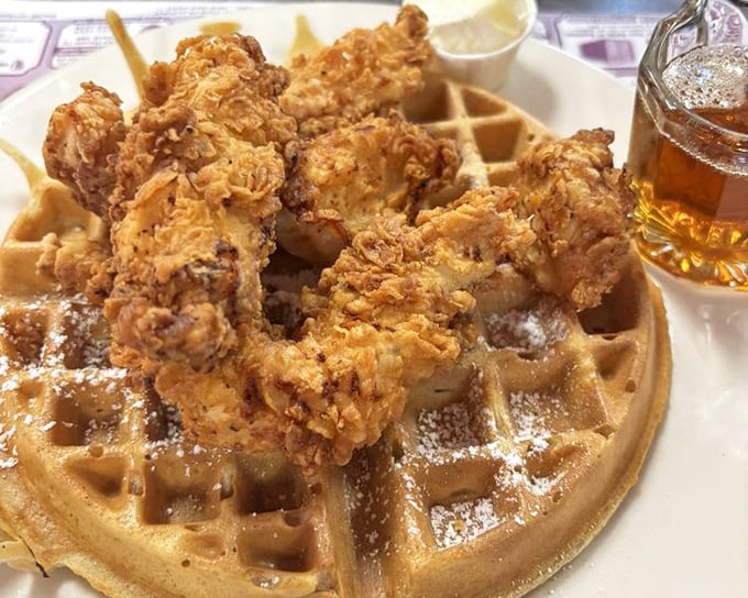 Chicken and waffles: where breakfast and dinner have a delicious identity crisis that nobody wants to resolve. Sweet, savory, and worth every calorie.