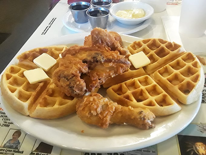 Whoever decided fried chicken and waffles belong together deserves a Nobel Prize—crispy, sweet, savory, and utterly magnificent on one glorious plate.