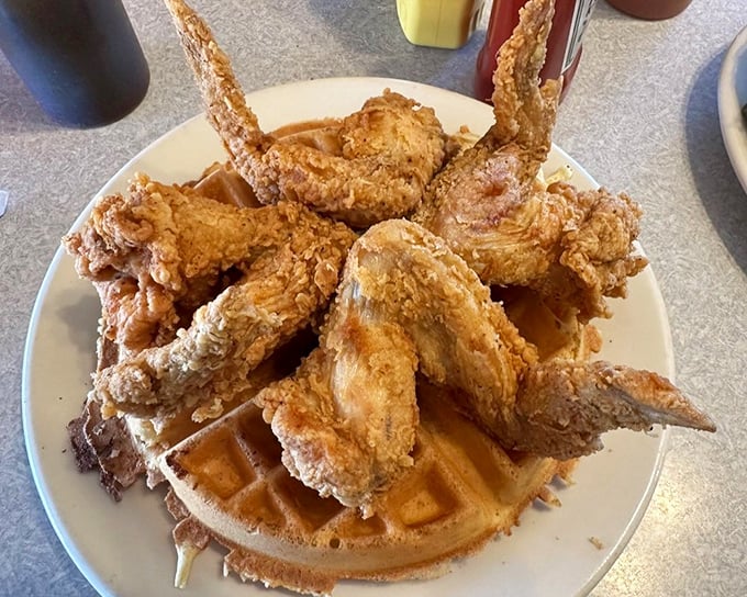 Chicken and waffles: where breakfast and dinner have a delicious identity crisis that nobody wants to resolve.