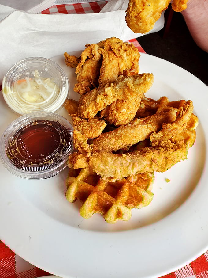Chicken tenders and waffles – proof that breakfast and dinner can coexist in perfect harmony. The green beans provide the illusion of healthfulness.