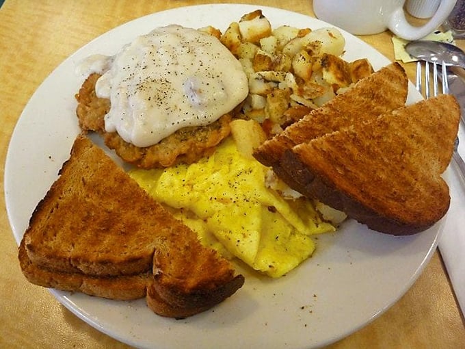 Chicken fried steak with country gravy, eggs, and toast—the breakfast of champions who plan to nap immediately afterward.