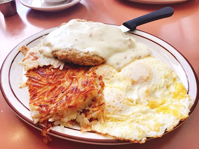 Chicken fried steak that would make a Texan weep with joy. Those golden hash browns deserve their own fan club.