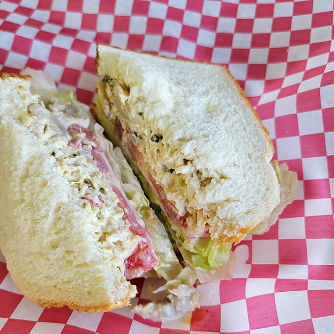 The chicken salad sandwich arrives on classic white bread—proof that sometimes the most satisfying foods are the ones that don't try too hard.