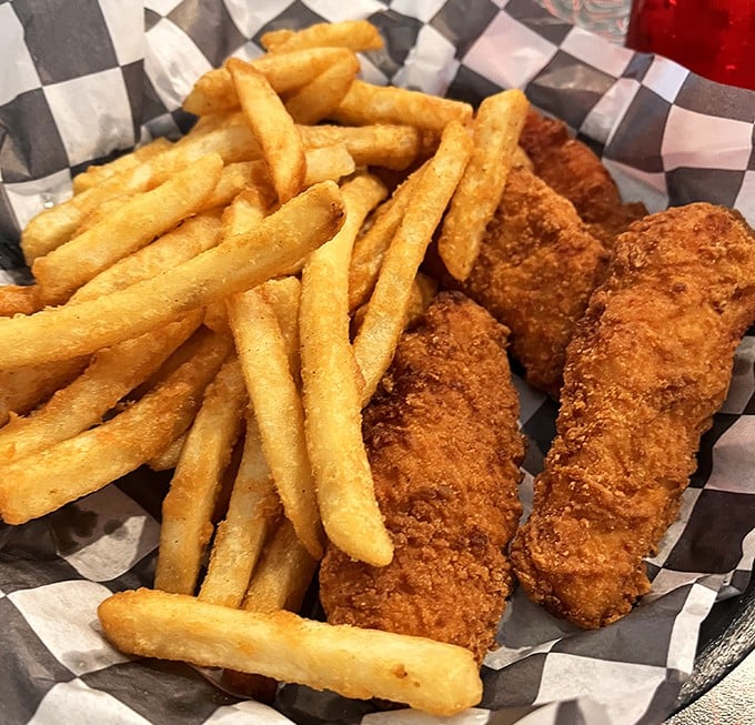 Crispy on the outside, tender within—these chicken tenders and fries aren't trying to reinvent the wheel, just perfect it.