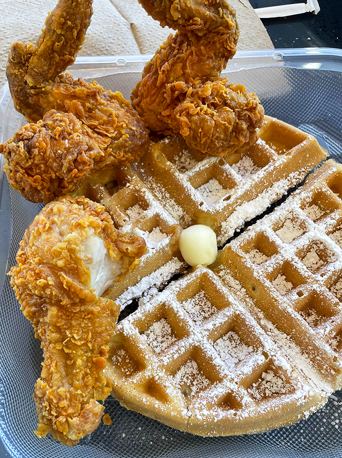 The holy matrimony of chicken and waffles—where savory meets sweet in a union blessed by the breakfast gods.