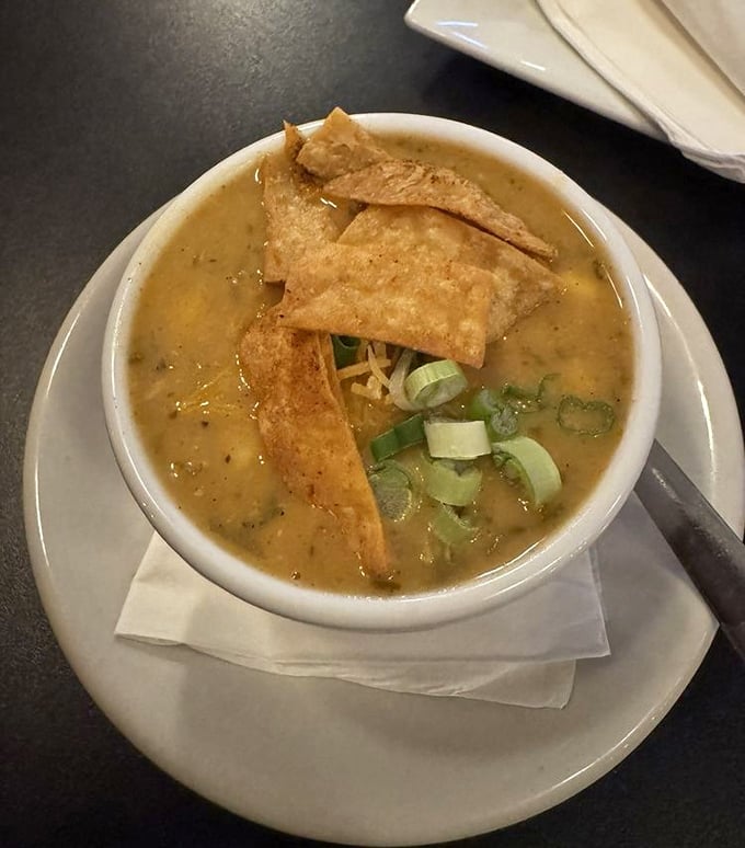 A bowl of golden chili topped with crispy tortilla strips and green onions – the kind of soul-warming dish that makes Pennsylvania winters bearable.