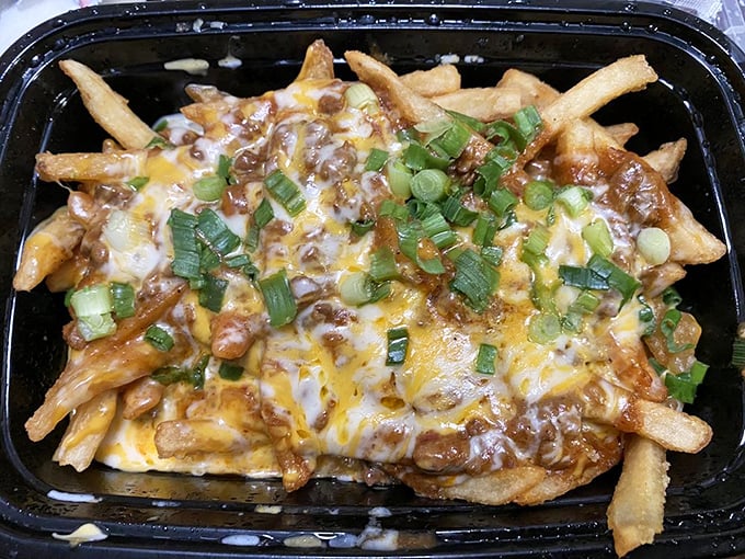 Chili cheese fries that could make a cardiologist weep – first with professional concern, then with undeniable pleasure. Green onions add a token nod to vegetables.