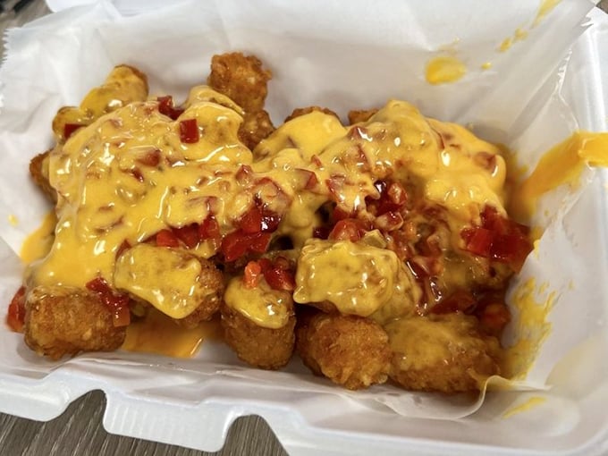 Tater tots elevated to art form: crispy nuggets of potato joy smothered in cheese and chili—comfort food that speaks directly to your soul.