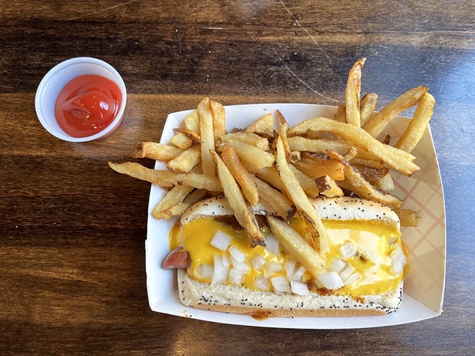 Cheese, chili, and a perfectly nestled hot dog – comfort food that doesn't need a fancy pedigree to make you feel like you've come home.