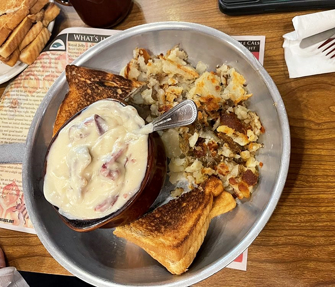 Behold: the legendary chipped beef in all its creamy glory. This isn't just breakfast—it's edible nostalgia served in a bowl.