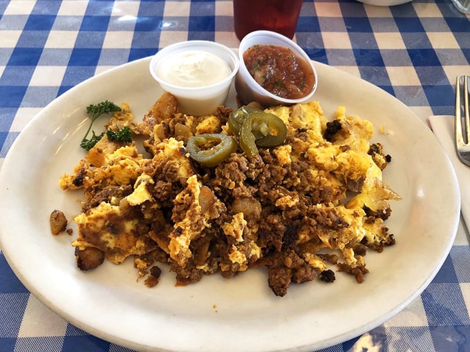 The Chorizo Scramble brings the Southwest to your taste buds with a riotous fiesta of colors and flavors. Those jalapeños aren't just hanging around for decoration.