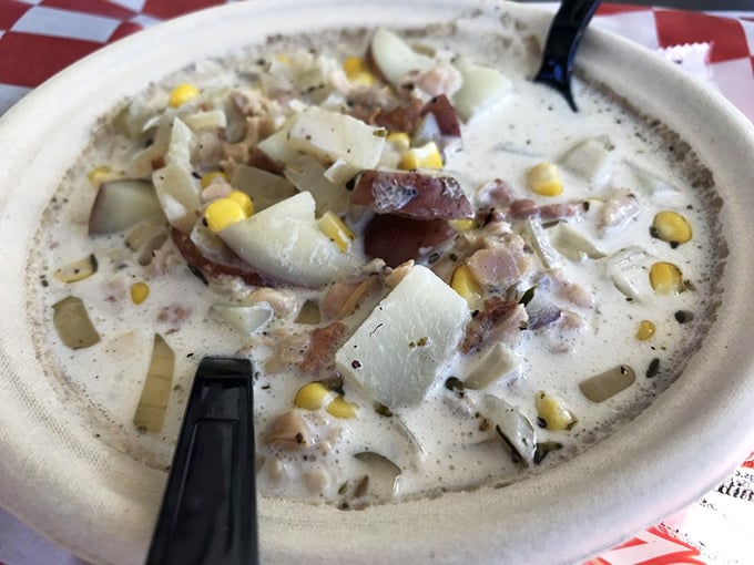 A creamy bowl of seafood chowder packed with potatoes, corn and treasures from the sea—comfort food with a coastal accent.