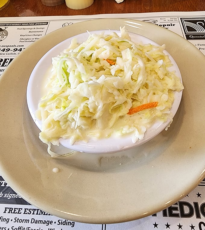 Coleslaw so fresh it practically photosynthesizes on your plate. The perfect cool counterpoint to that hot, crispy chicken. 