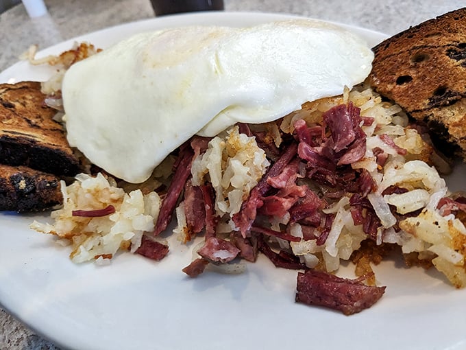 Corned beef hash with perfectly runny eggs – the breakfast of champions and the cure for whatever happened the night before.