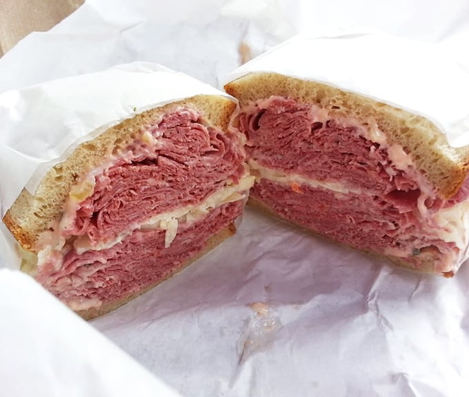 Meat meditation in sandwich form. This cross-section reveals the generous spirit of Koch's – where corned beef is measured in inches, not ounces.
