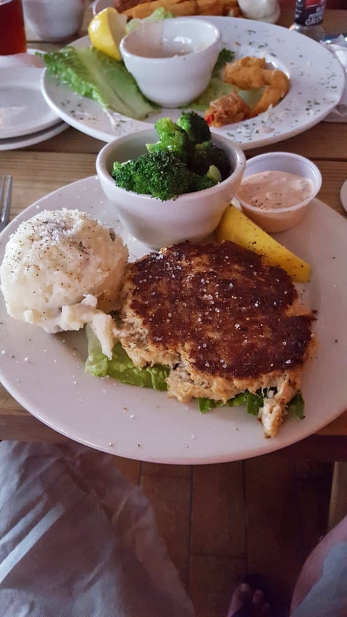 The crab cake arrives like a golden disc of treasure—mostly crab, minimal filler, and a reminder of why we brave Florida traffic for authentic coastal cuisine.