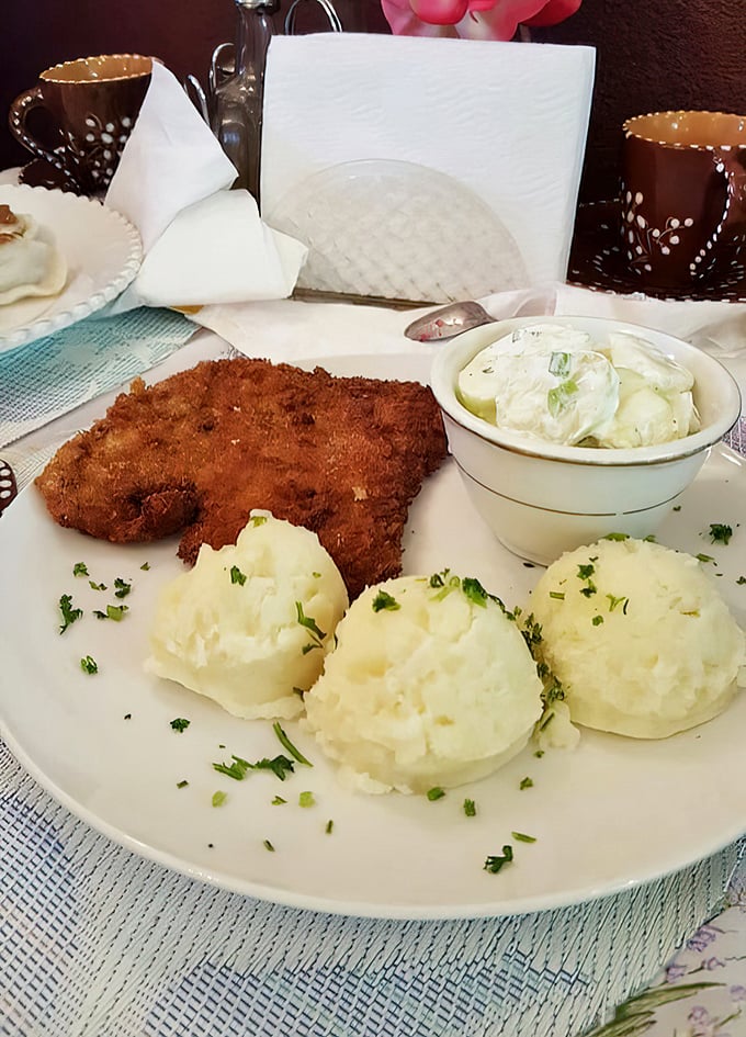 The pork schnitzel arrives with the kind of golden crust that makes a satisfying "crack" when your fork breaks through – food ASMR at its finest. 