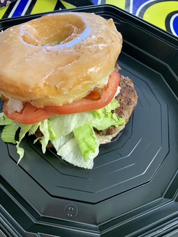 The infamous Donut Burger in all its glory. Your cardiologist might not approve, but your taste buds will send thank-you notes.