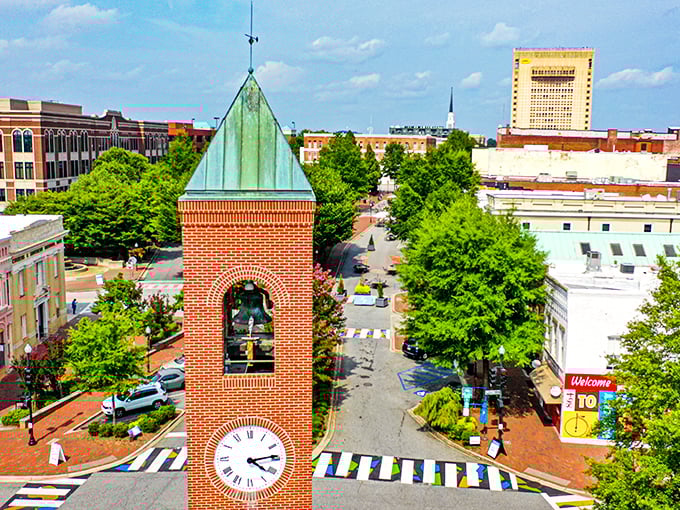 From this bird's-eye view, downtown Spartanburg reveals itself as a perfectly walkable grid where you'll burn just enough calories to justify dessert.