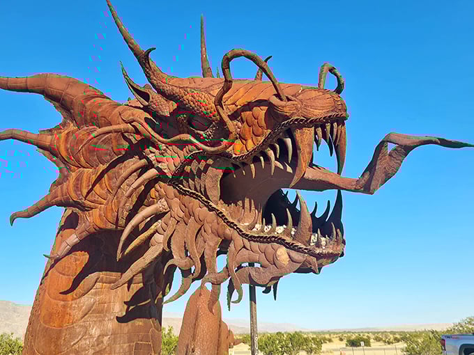 Meet the neighborhood dragon – all the fire-breathing drama without the village-burning inconvenience. Medieval fantasy meets desert artistry.