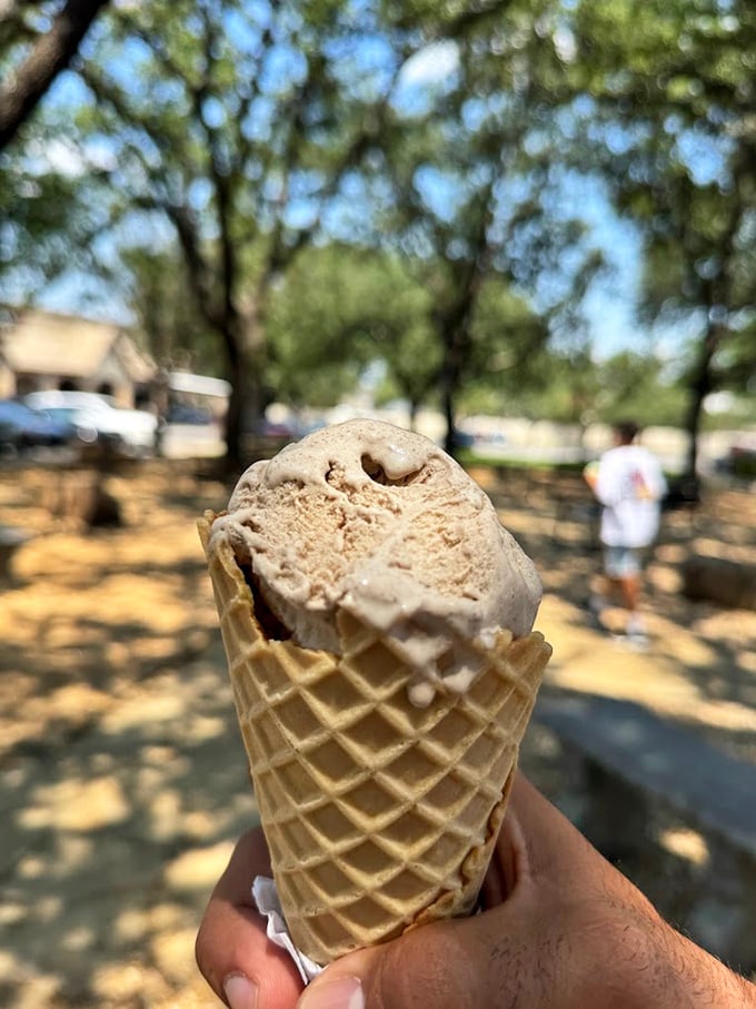A waffle cone that deserves its own Instagram account. This isn't just ice cream—it's edible therapy after a long Texas day.