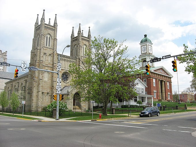 Gothic Revival churches and stately buildings create a skyline that whispers stories of America's past.