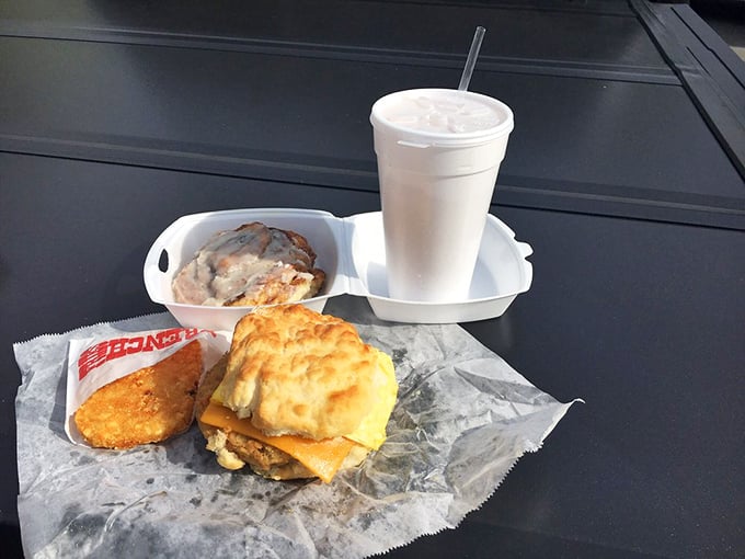 Breakfast nirvana in its simplest form – a complete meal featuring their famous biscuit sandwich, crispy hash browns, and coffee to fuel your Chapel Hill adventures.