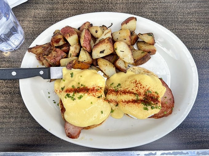 Eggs Benedict gets the California treatment with ham that actually tastes like ham—revolutionary concept, really.