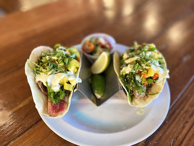 Fish tacos that make you contemplate moving to Sarasota permanently—fresh, vibrant, and served with a squeeze of lime for that perfect finish.