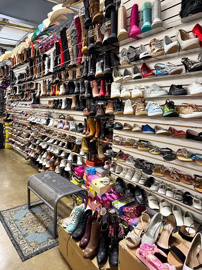 Imelda Marcos would need a bigger closet! This footwear wonderland offers everything from practical work boots to dancing shoes.