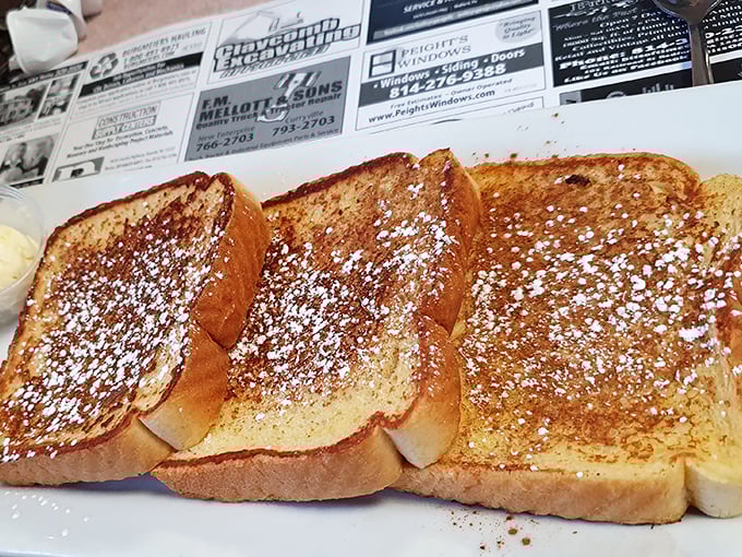 French toast dusted with powdered sugar like the first perfect snowfall of winter—simple breakfast perfection that needs no Instagram filter.