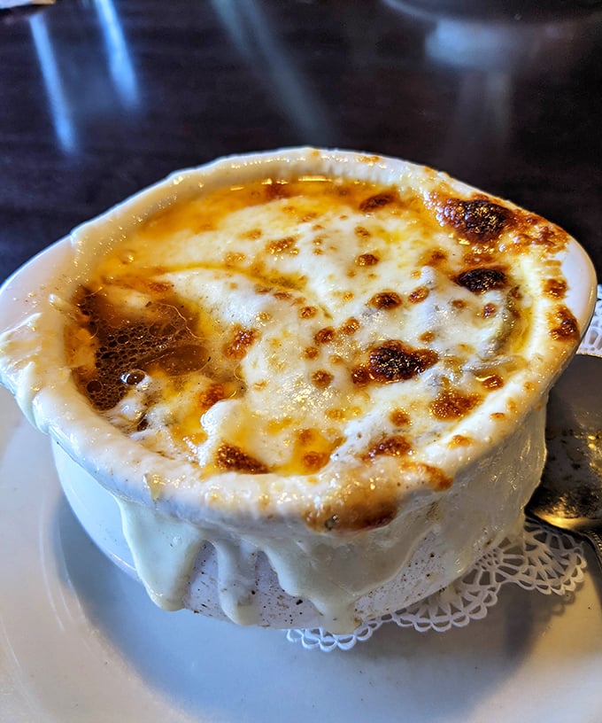 French onion soup that's achieved the holy grail: perfectly browned cheese stretching from spoon to bowl with each delicious bite.