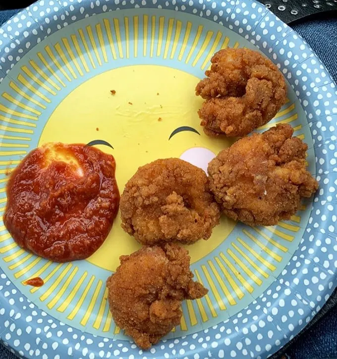 Fried shrimp and cocktail sauce on a whimsical plate – proof that sometimes the simplest pleasures deliver the most profound satisfaction.