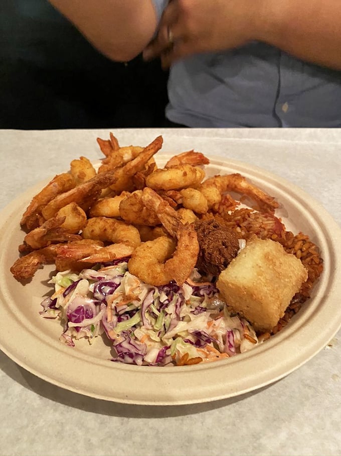 Golden-fried shrimp that snap between your teeth, nestled alongside hominy squares and colorful slaw – this is South Carolina on a plate.