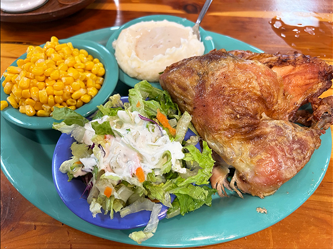 Fried chicken that would make your grandmother jealous, served with creamy mashed potatoes, green beans, and a roll. Southern comfort on a plate!