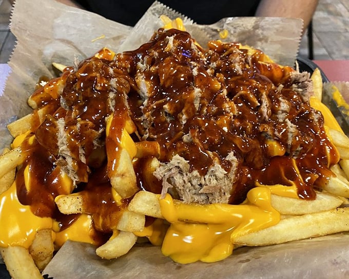 Cheese fries topped with pulled pork and sauce—because sometimes your arteries just need to live a little dangerously.