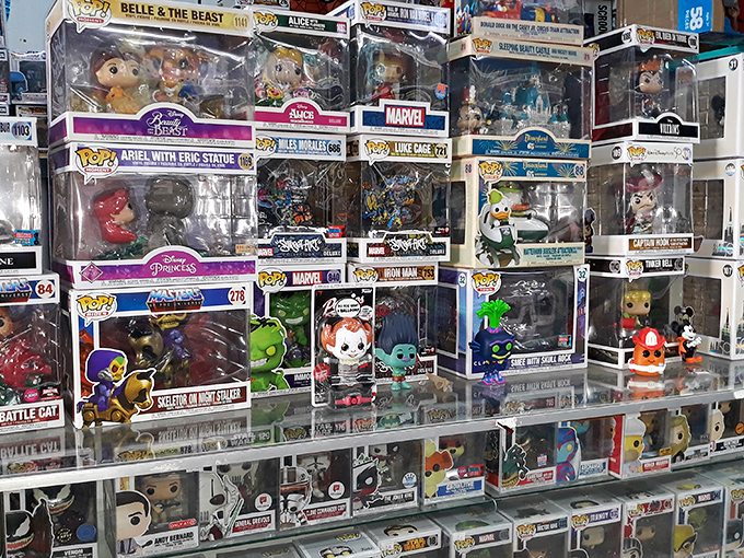 A collector's dream come true – hundreds of Funko Pop figures stand at attention, their boxed perfection a siren call to nostalgic hearts.