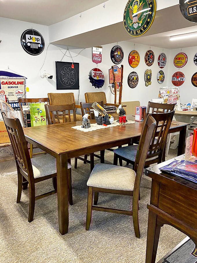 Dining room or war room? This wooden table set stands ready for family dinners or planning your next flea market conquest.