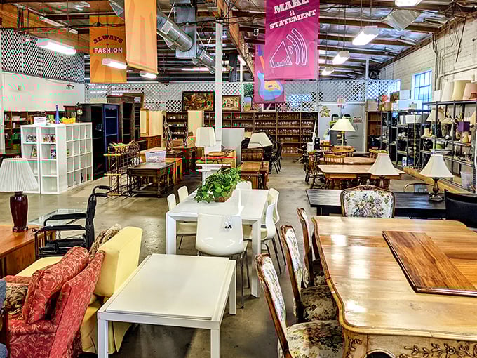 The furniture section resembles a living room museum where decades collide, offering seating arrangements for every design sensibility imaginable.