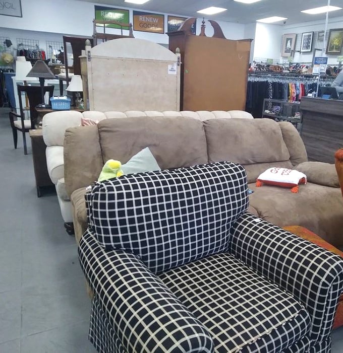 The furniture section: where that checkered armchair you never knew you needed sits patiently waiting for your living room. 